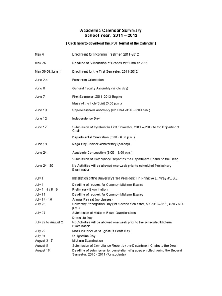 Academic Calendar Summary School Year, 2011 - 2012: (Click Here To ...