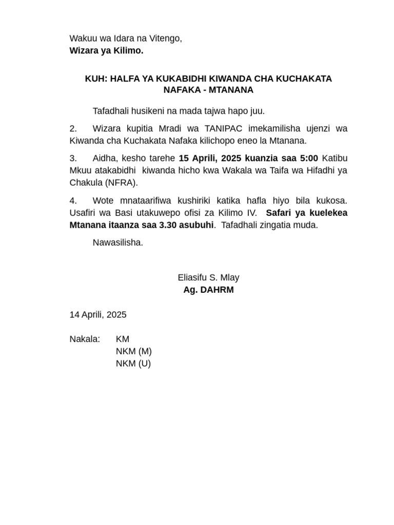 Dokezo Wakuu Wa Idara - Hafla Ya Kukabidhi Kiwanda Bnfra Mtanana | PDF