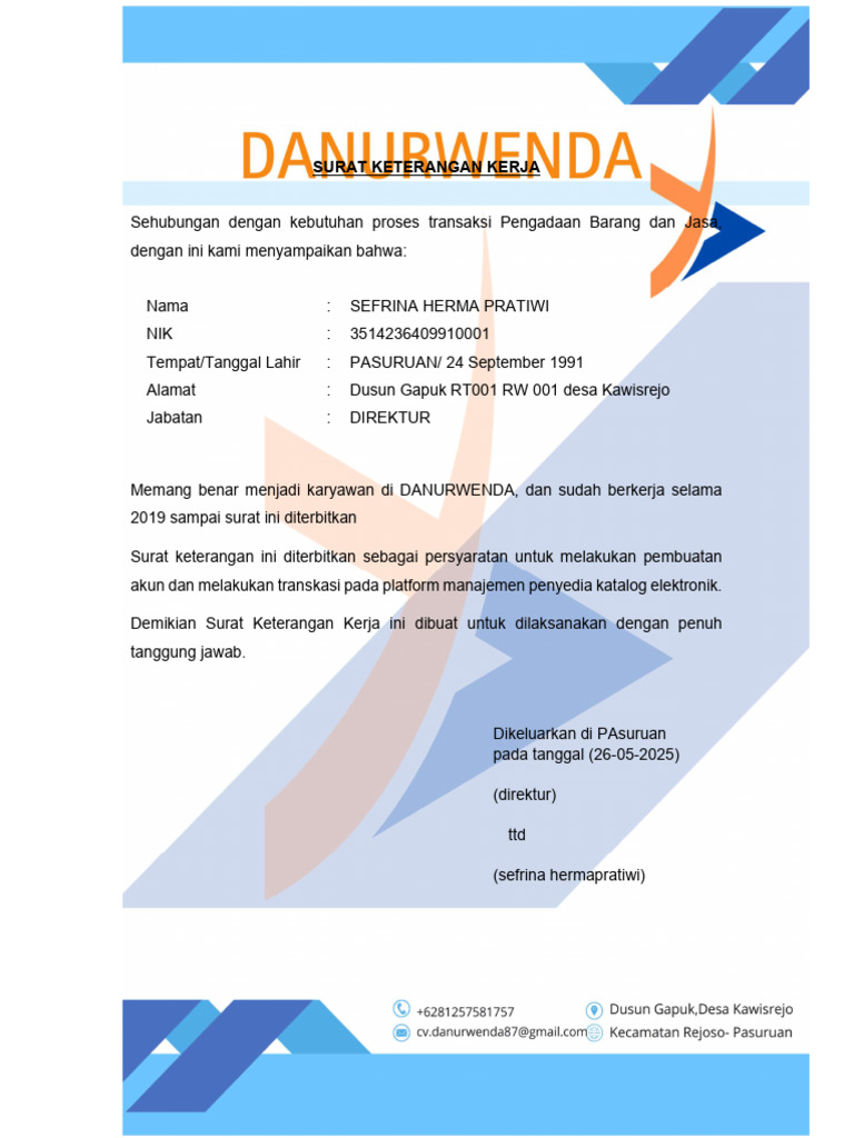 Surat Keterangan Kerja Sefrina Pratiwi | PDF