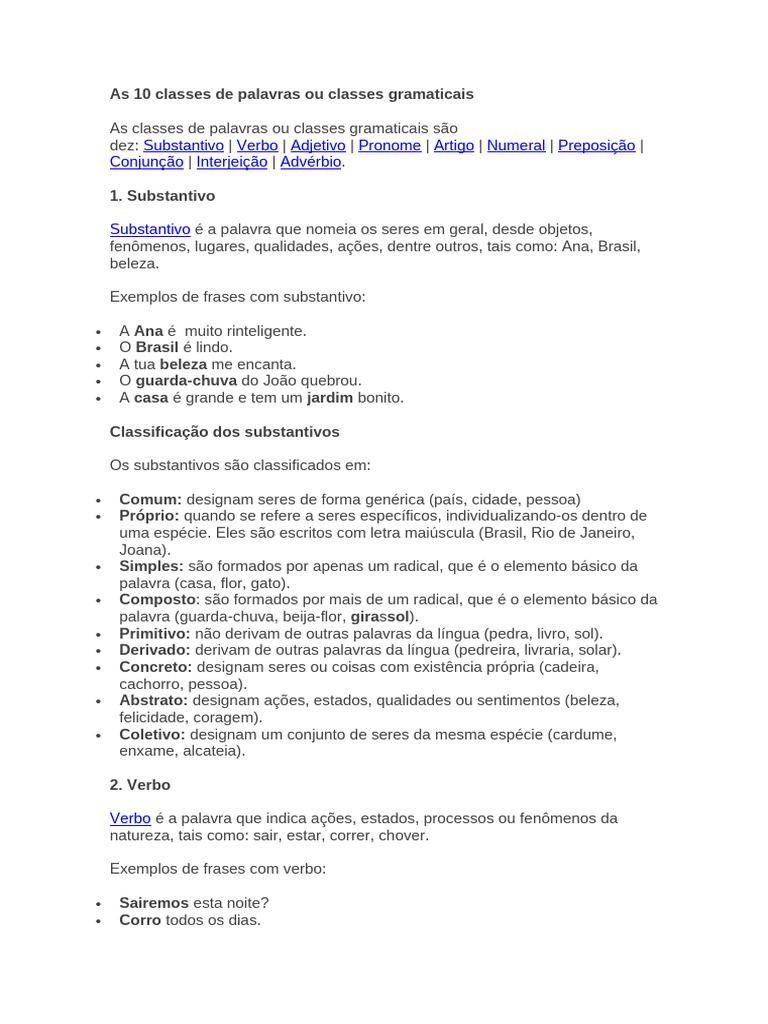 As 10 Classes de Palavras Ou Classes Gramaticais | PDF | Classe ...