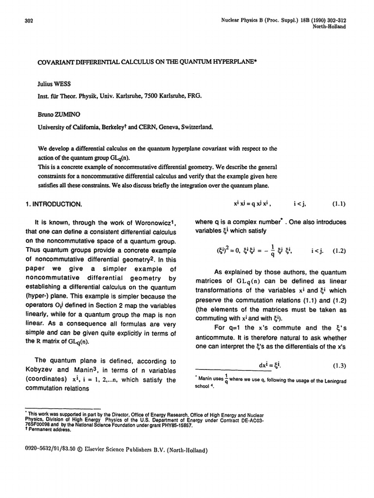 1991 Covariant Differential Calculus On The Quantum Hyperplane | PDF ...