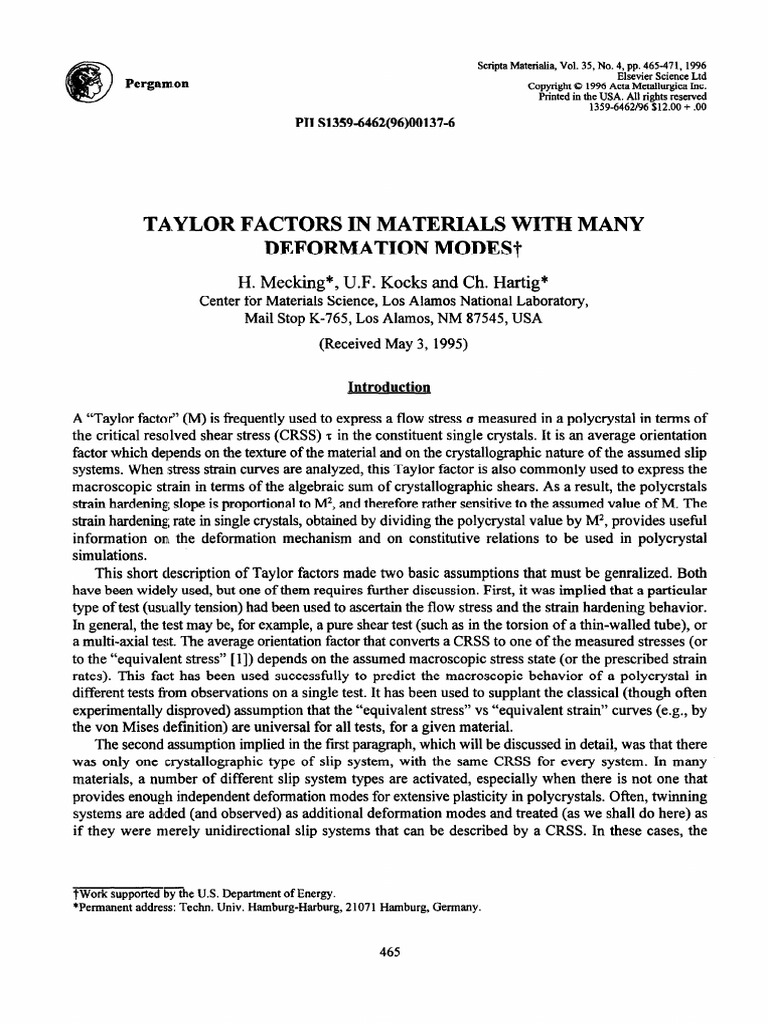 Mecking Kocks Hartig, Taylor Factor 1995 Scripta | PDF | Plasticity ...
