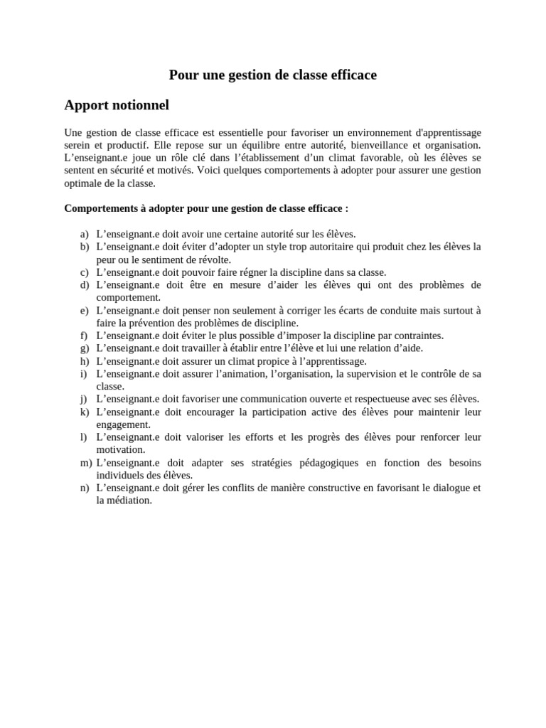 Gestion de classe efficace et bienveillante | PDF | Pédagogie ...