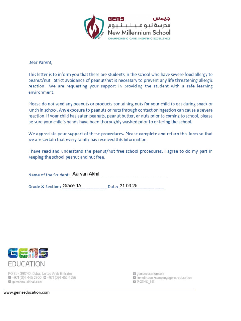 2) Peanut-Nut Allergy (Parent Letter) | PDF
