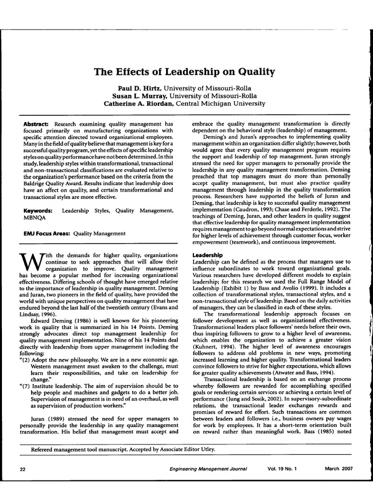 The Effects of Leadership On Quality | PDF