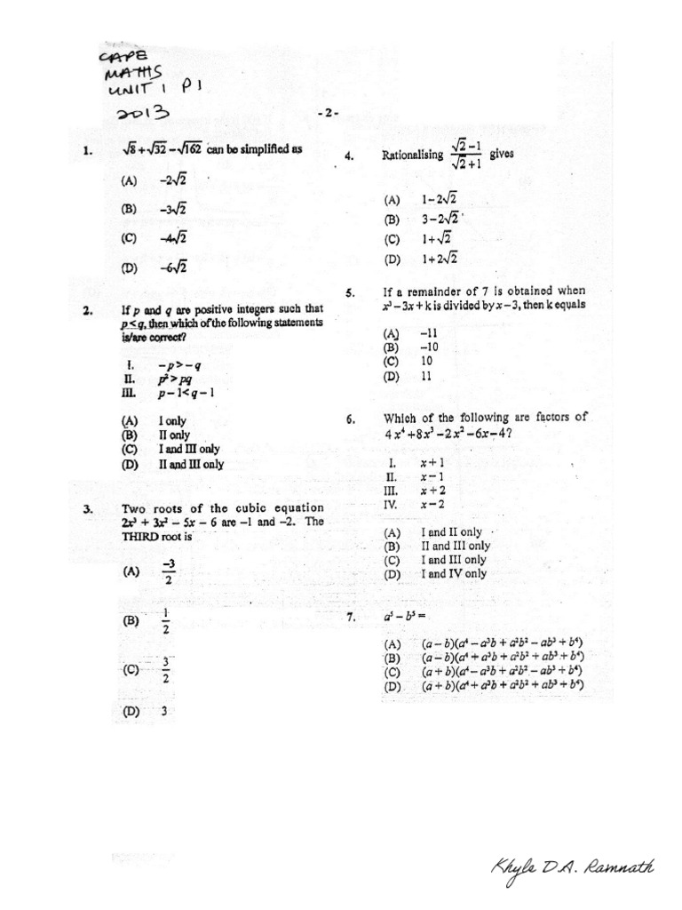 CAPE Pure Mathematics U1 P1 2013 Moduel 1 Ans | PDF