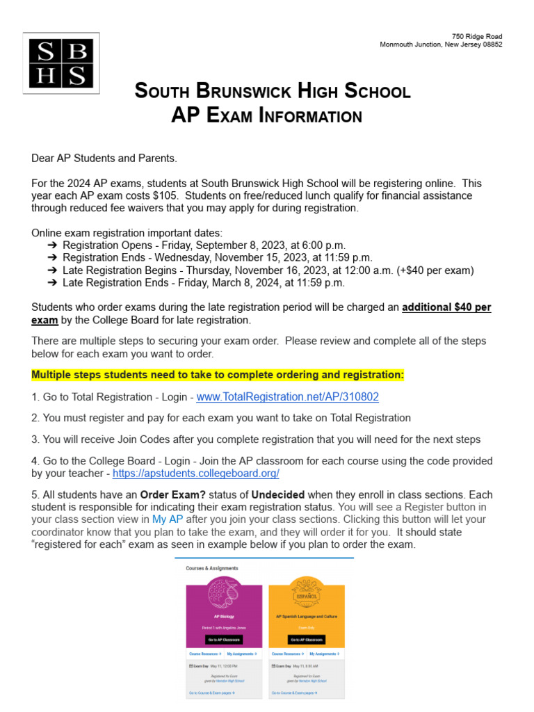 AP Exam Registration Letter 2023-24 | PDF