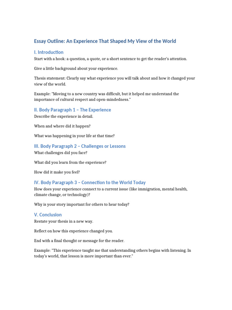 Essay Outline An Experience That Shaped My View of The World | PDF