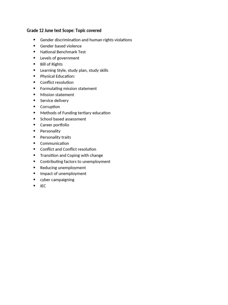 Grade 12 June Exam Topic Overview | PDF