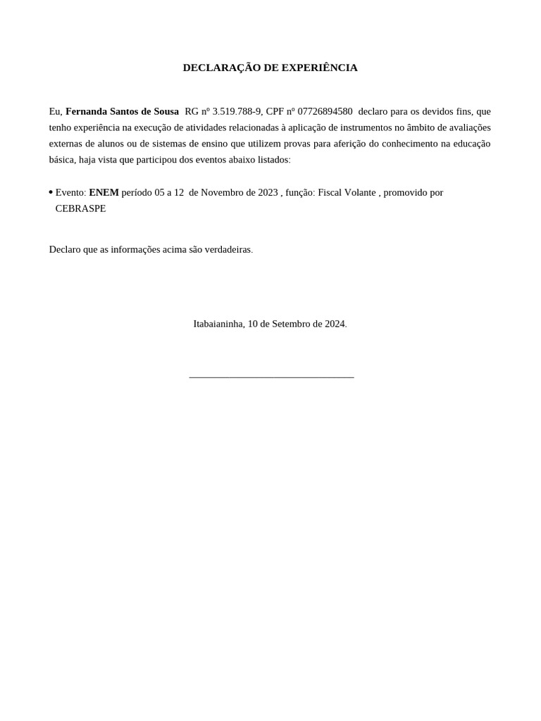 Declaração de Experiência em Avaliações Educacionais | PDF