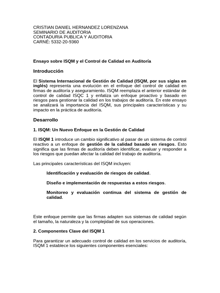 Ensayo Isqm | PDF | Auditoría | Sistema de manejo de calidad