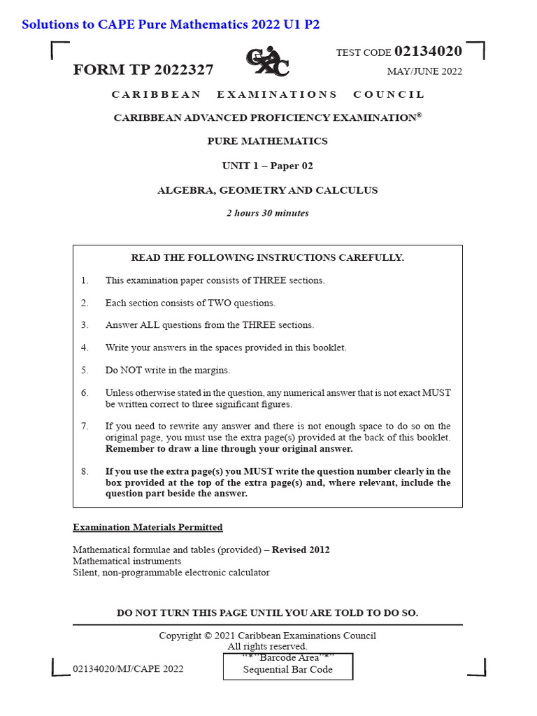 CAPE Pure Mathematics 2022 U1 P2 Solution | PDF | Mathematics | Barcode