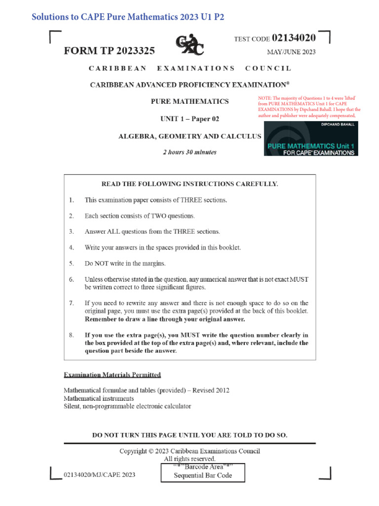 CAPE Pure Mathematics 2023 U1 P2 Solutions | PDF | Barcode ...