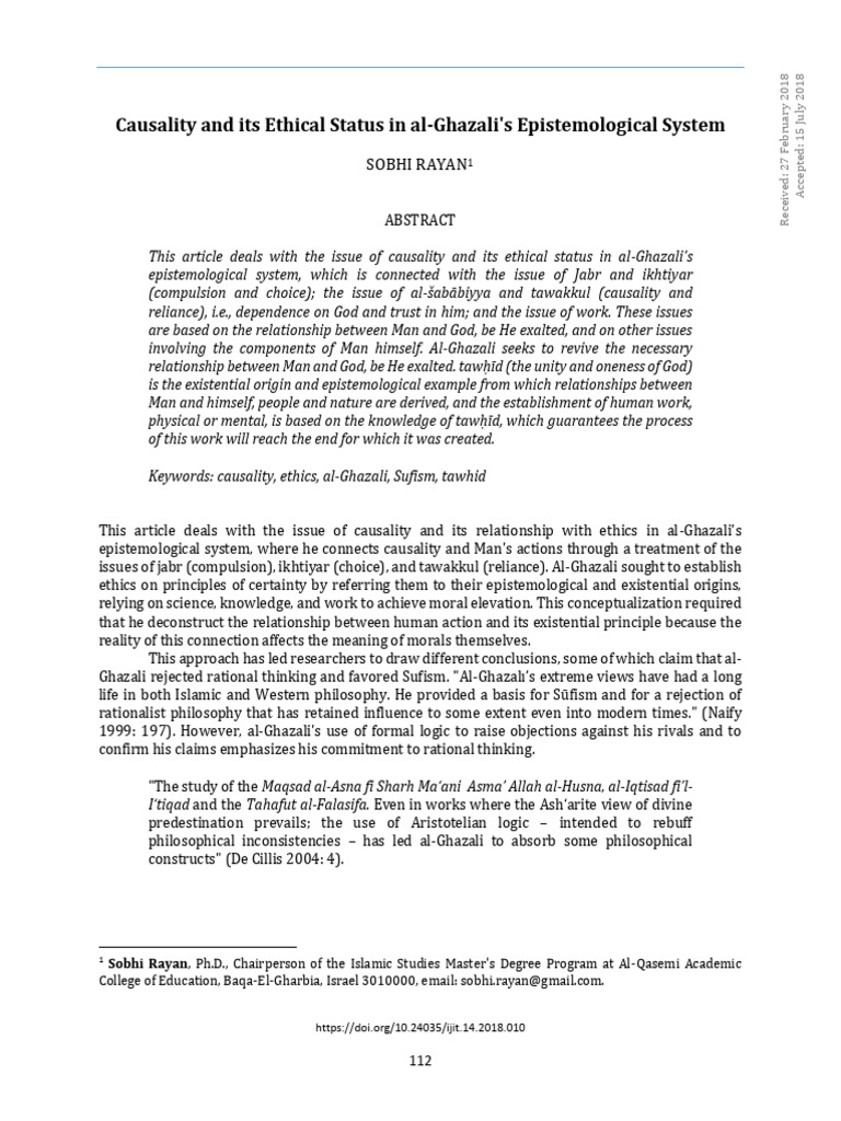 Causality and Its Ethical Status in Al-Ghazali's Epistemological System ...