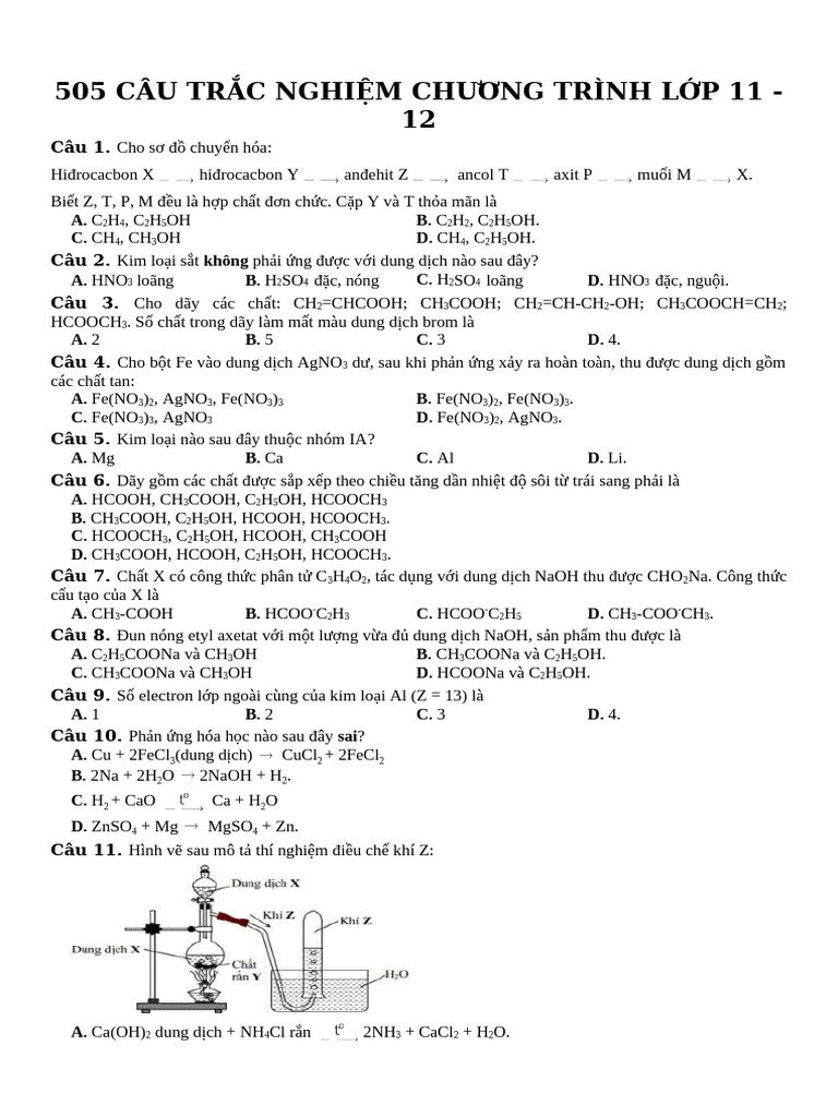 505 Cau Trac Nghiem Hoa Hoc Lop 12 | PDF