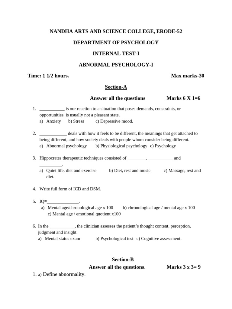 Abnormal Psychology Test Questions | PDF
