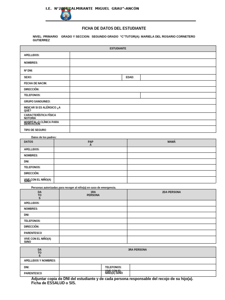 Ficha de Datos Estudiante Primaria 2° C | PDF