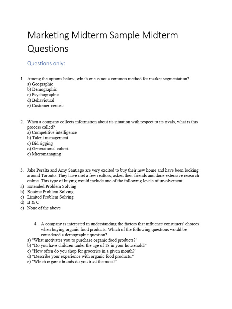 1MA3 Sample Midterm Questions | PDF | Market Segmentation | Brand