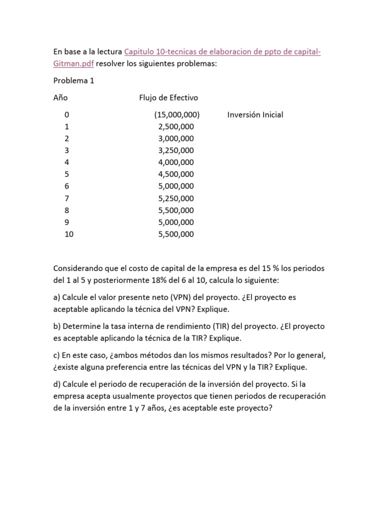 Capitulo 10-GITMAN - Resolucion de Problemas VPN-TIR-Periodo de Recuperacion | PDF | Tasa ...