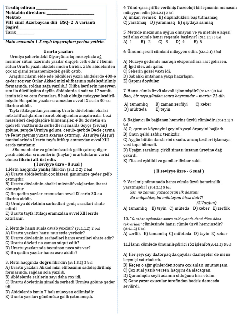 8-Ci Sinif Azərbaycan Dili BSQ-2 AB Variantı | PDF