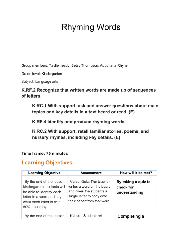 Engaging Rhyming Words Lesson Plan | PDF | Learning | Education Theory