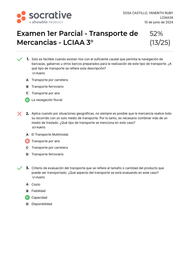 Examen 1er Parcial - Transporte de Mercancias - LCIAA 3Â° | PDF ...