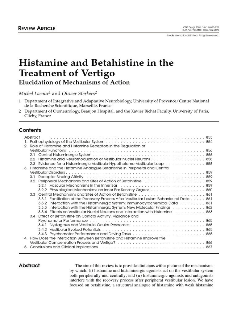 Histamine and Betahistine in The Treatment of Vertigo: Elucidation of ...