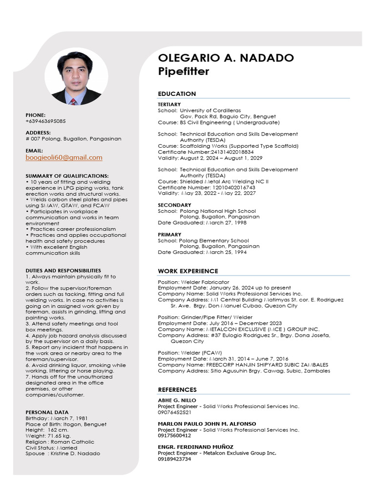 CV Pipefitter Olegarionadado | PDF | Welding | Construction