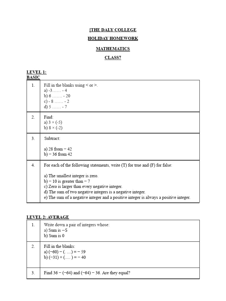 Holiday Homework: Class 7 Math Tasks | PDF