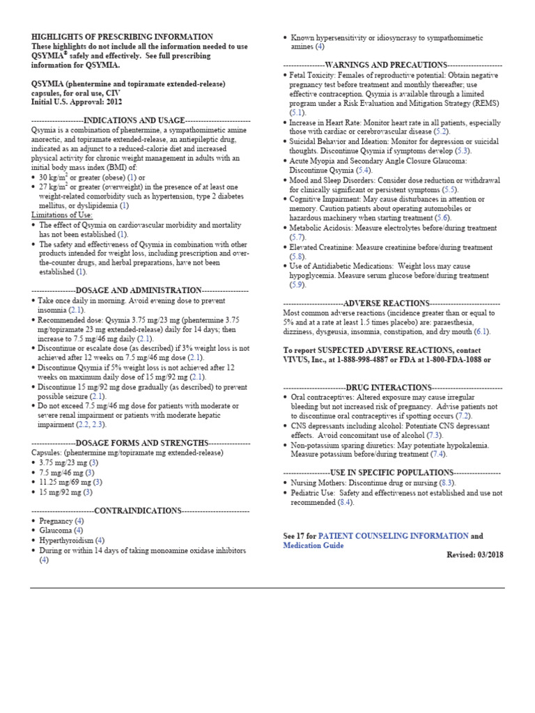 Qsymia Prescribing Information Overview | PDF | Drugs | Medical Specialties