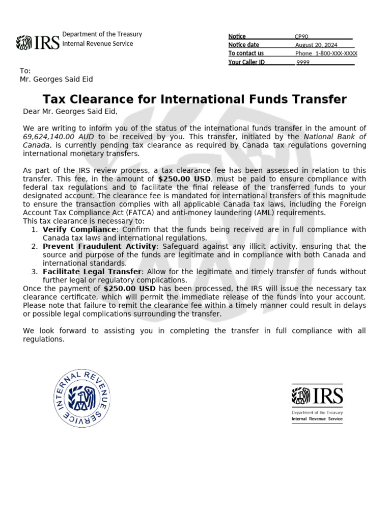 IRS Tax Clearance For International Funds Transfer | PDF