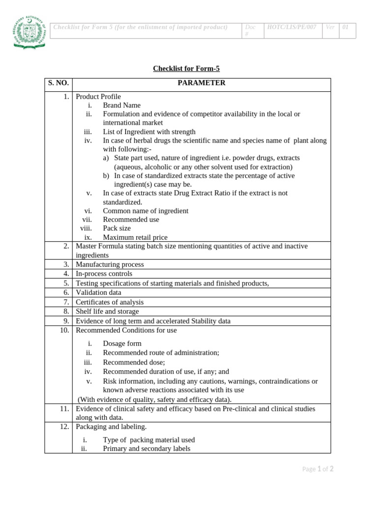 Checklist For Form 5 For The Enlistment of Imported Product | PDF | Dose (Biochemistry) | Chemistry