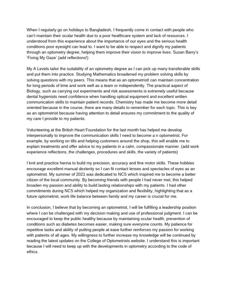 Optometry Personal Statement Draft. | PDF | Optometry | Health Care