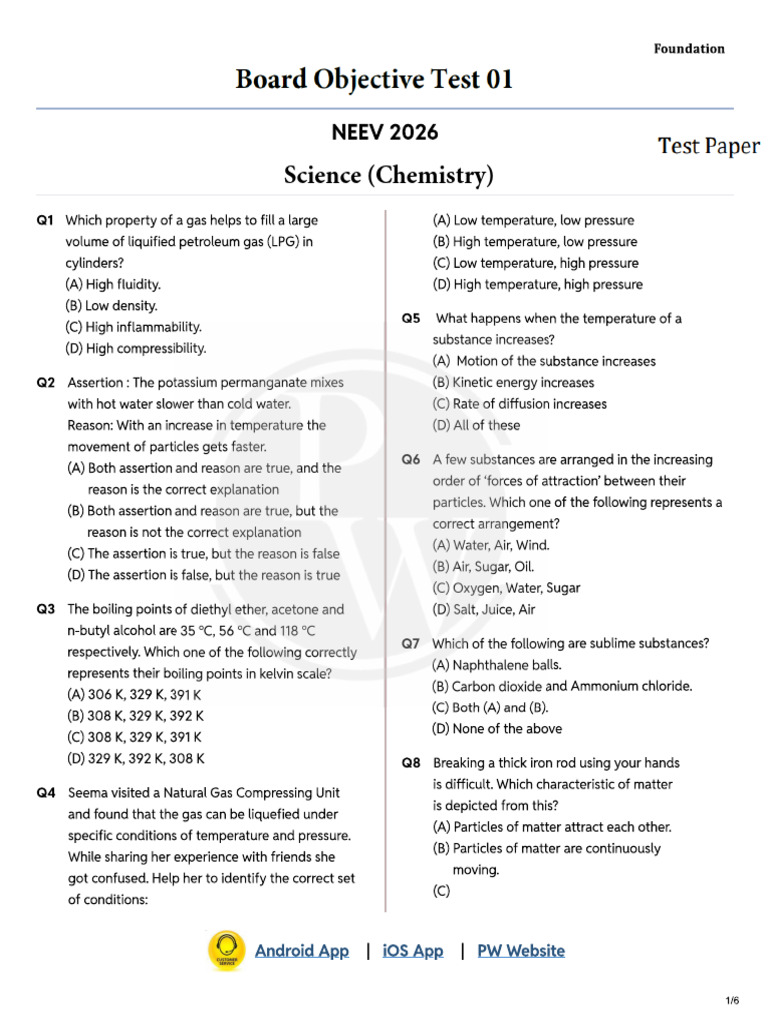Board Objective Test 01 - Science (Chemistry) Test Paper - Neev 2026 | PDF