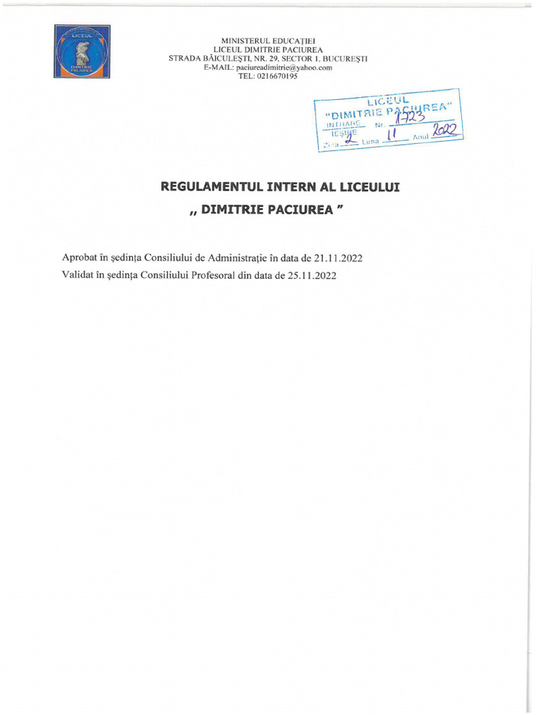 Regulament Intern Paciurea 1 | PDF
