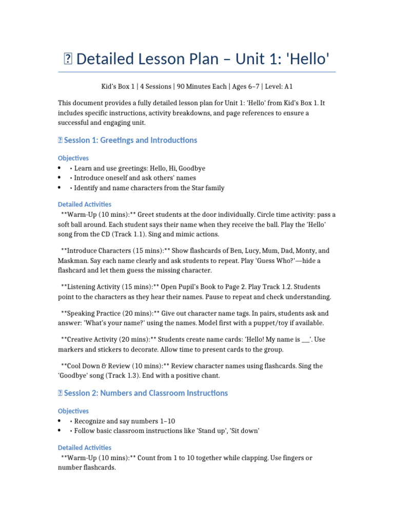 Kid's Box 1 Lesson Plan: Unit 1 Overview | PDF | Human Communication ...