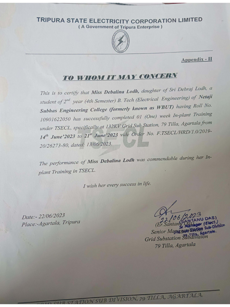 Inplant Training Debalina Lodh | PDF