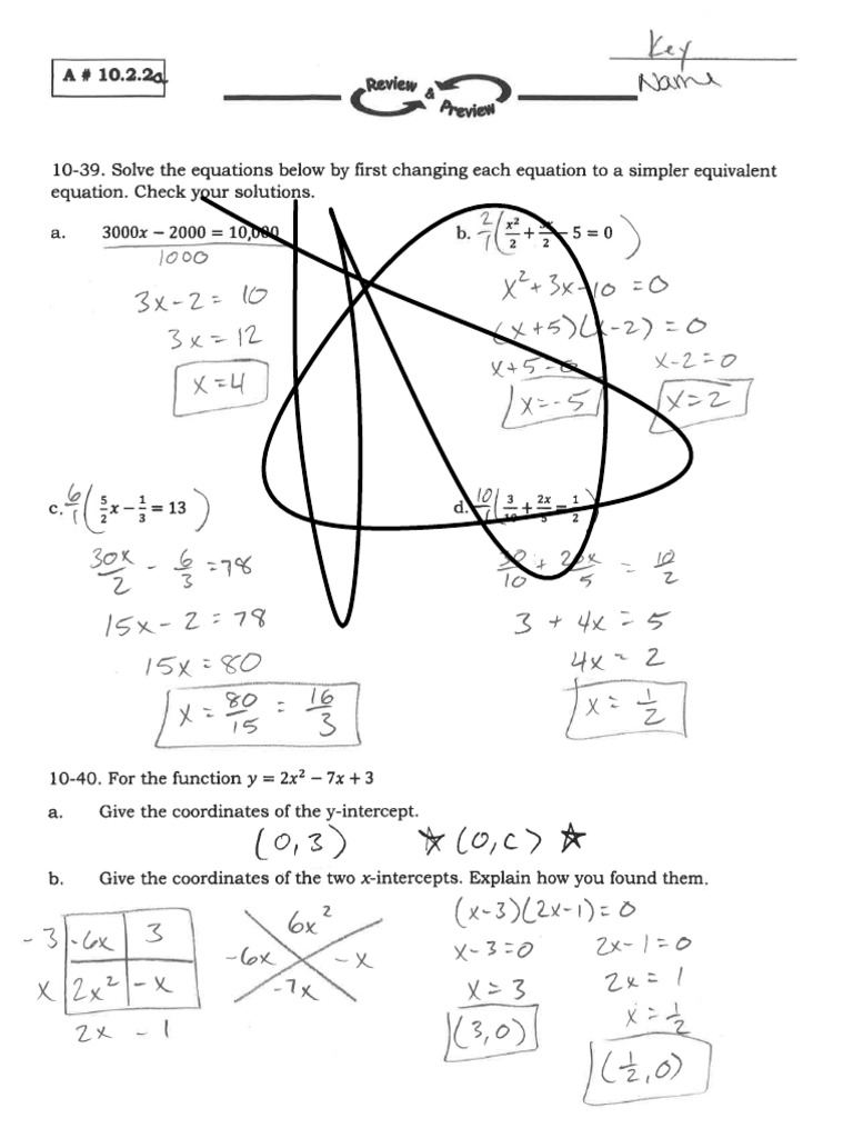 Alg. 10.2.2a Review + Preview Answers | PDF