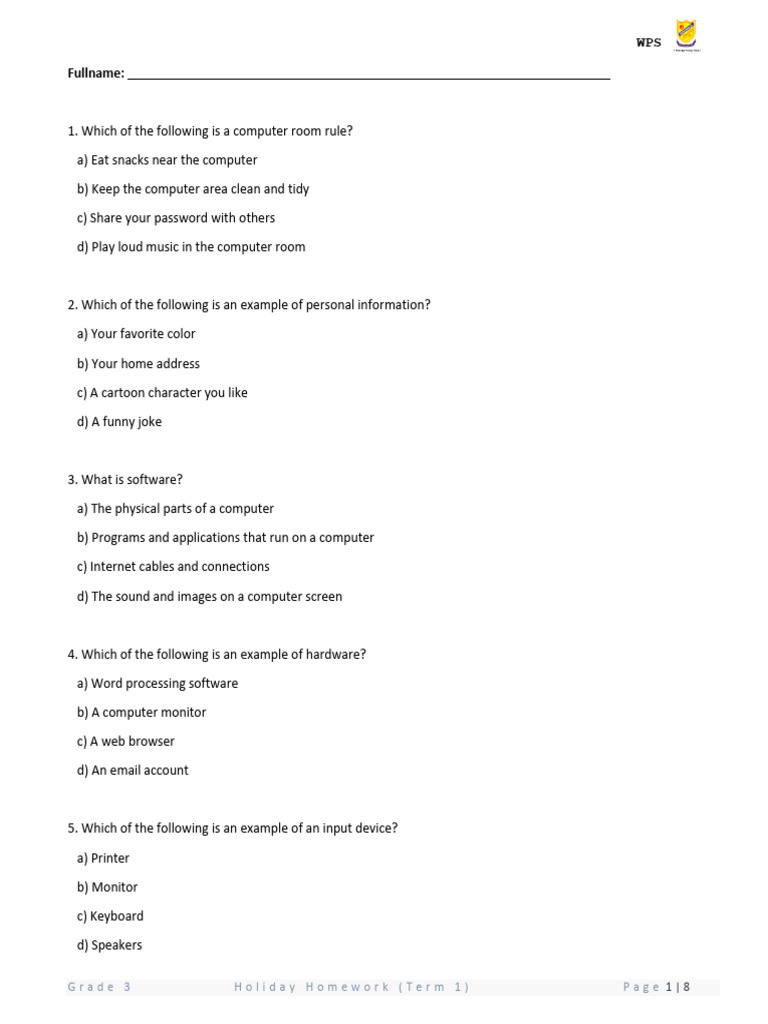 Grade 3, Holiday Homework, Term 1, 2024 | PDF | Input/Output | Computer Hardware