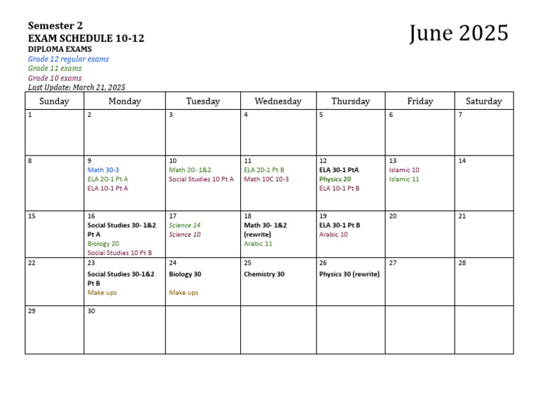 June 2025 Exam Schedule | PDF