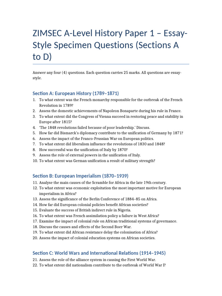 ZIMSEC A-Level History Essay Questions | PDF | World War II | Nazi Germany