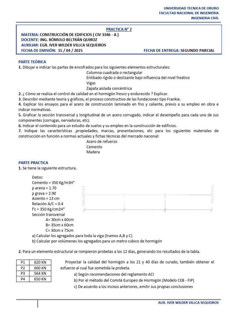 Practica 2. Civ 3346 A. 2025 | PDF | Hormigón | Acero