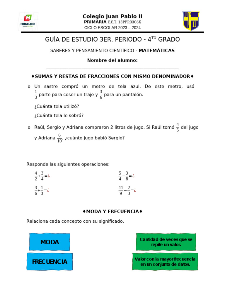 Guía de Estudio Matemáticas 4to Grado | PDF