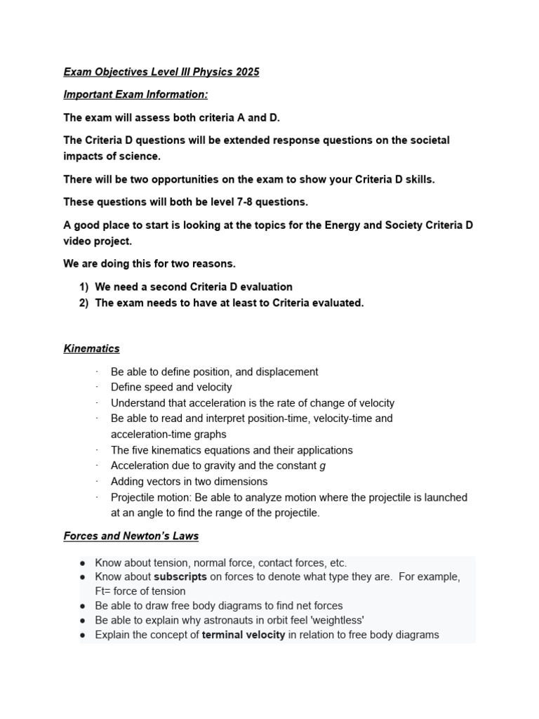 Level III Physics Exam Objectives 2025 | PDF | Waves | Force