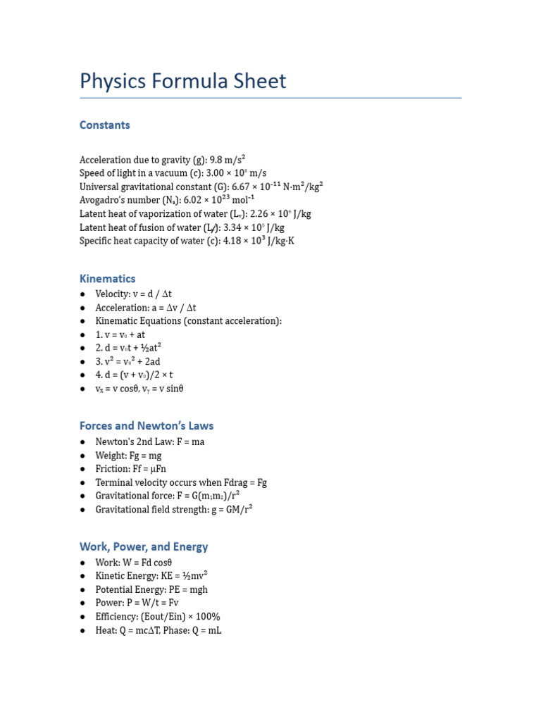 SPH3U Physics Formula Sheet 2025 | PDF