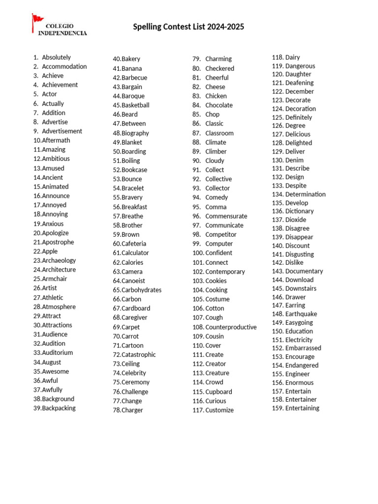 Spelling Contest Words 2024-2025 | PDF
