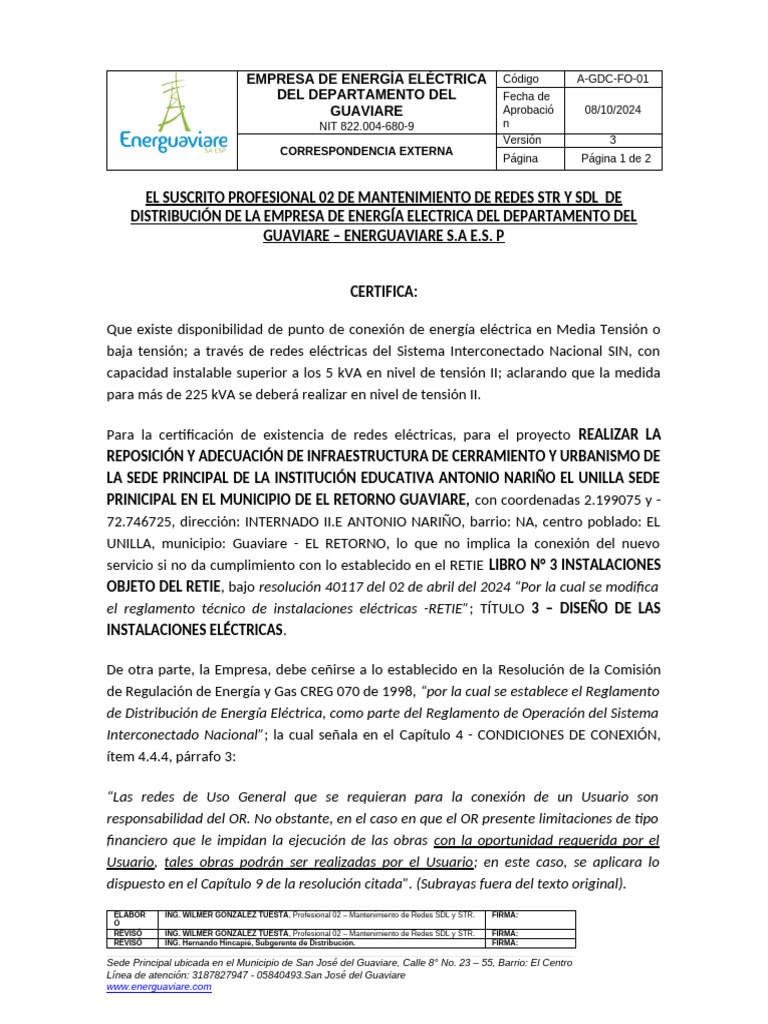 Disponibilidad Energuaviare Unilla | PDF | Cableado eléctrico | Red eléctrica