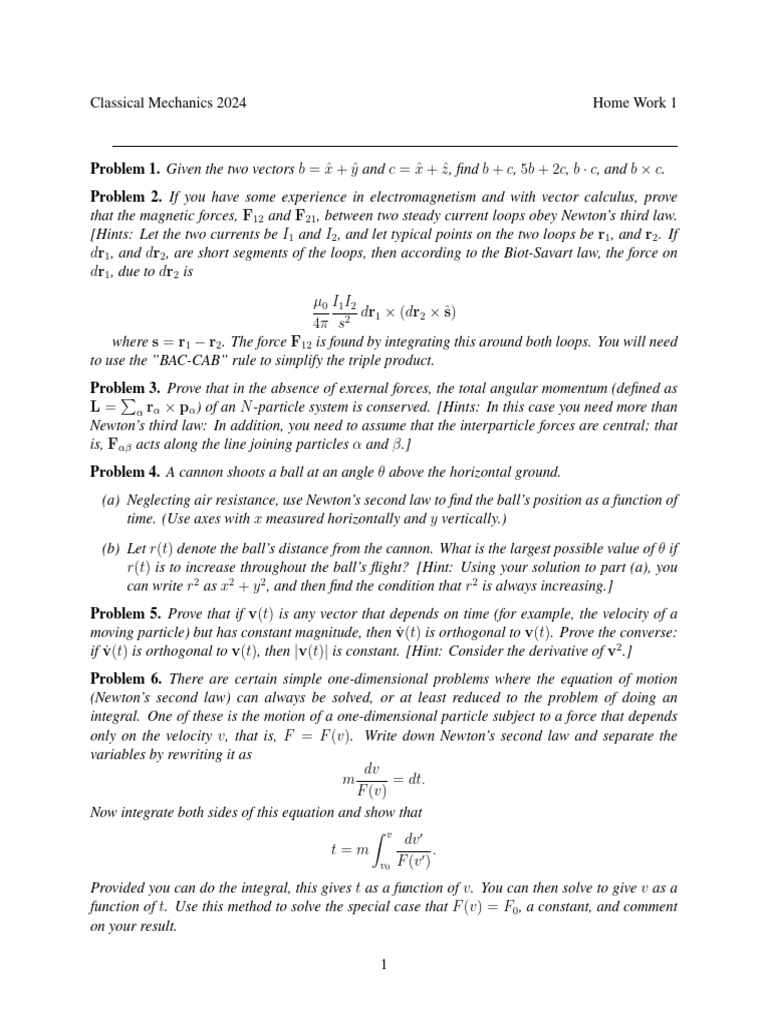 Classical Mechanics HW1 2024 | PDF | Force | Newton's Laws Of Motion
