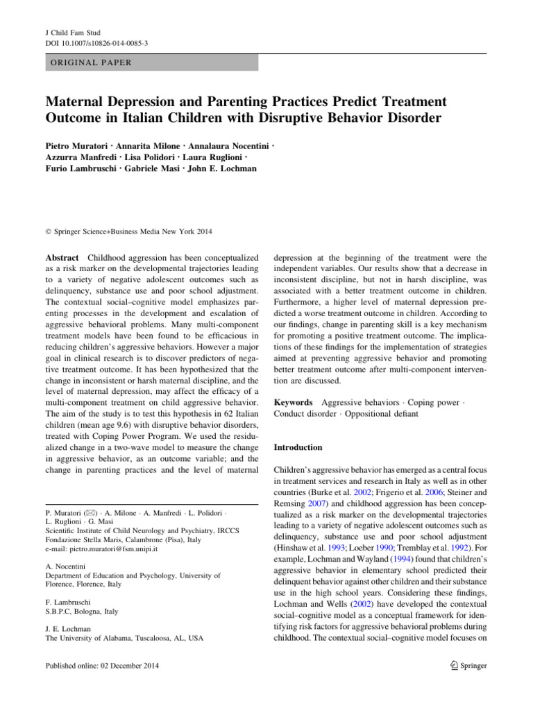 Maternal Depression and Parenting Practices Predict Treatment Outcome ...