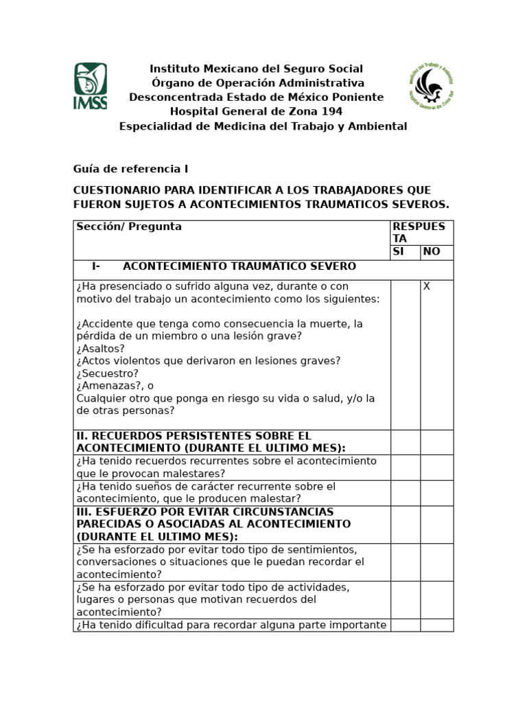 Cuestionario NOM-035 sobre Trauma Laboral | PDF